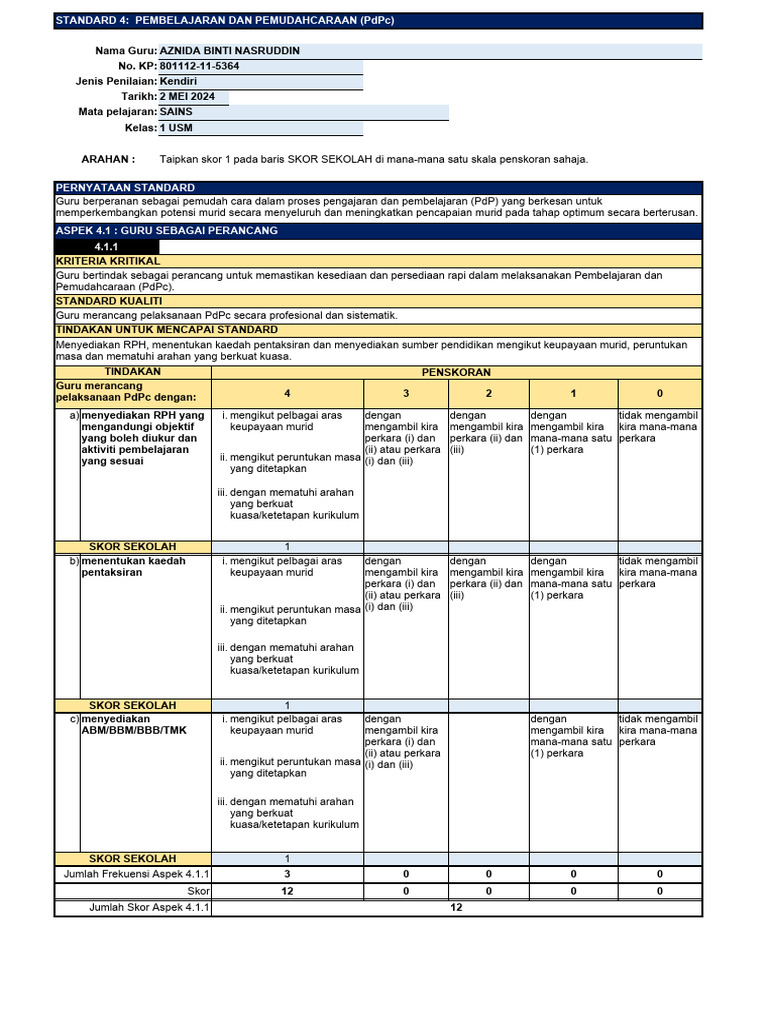 Borang Penilaian Standard 4 (PDPC) 2024 | PDF