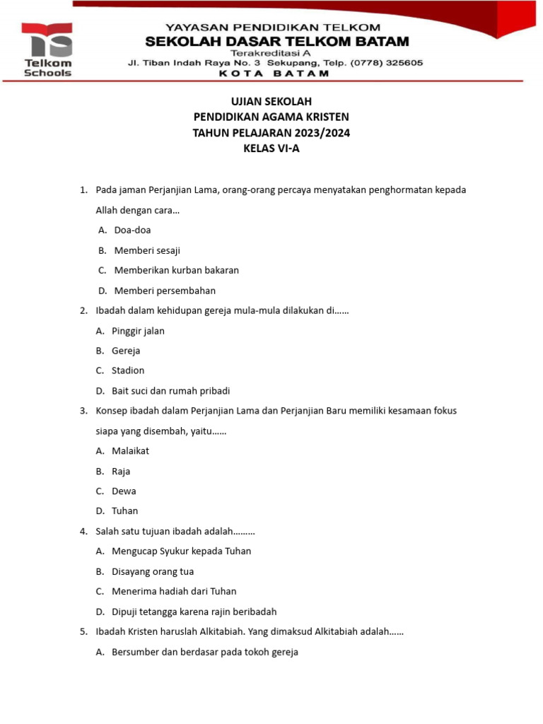 SOAL UJIAN SEKOLAH KELAS 6 | PDF