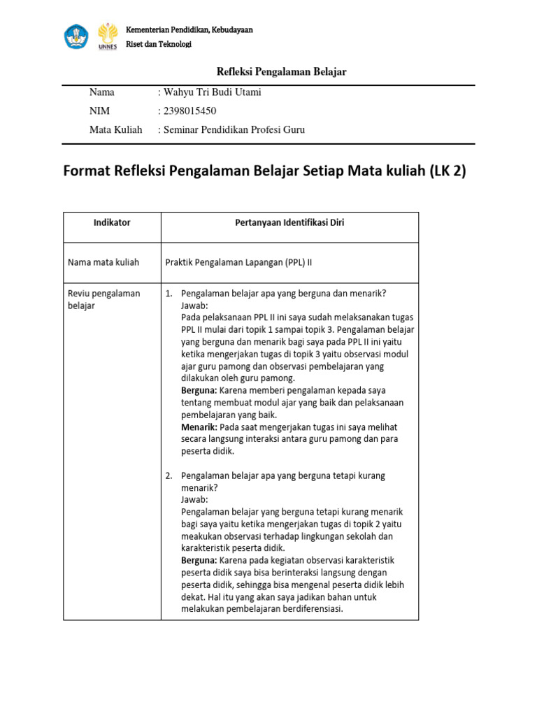 Jurnal Refleksi - Wahyu Tri Budi Utami - PPL II | PDF | Karier ...