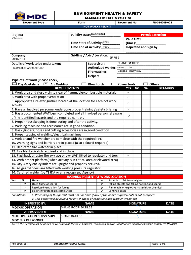 Hot Works Permit Form for EHS Compliance | PDF | Safety | Occupational ...