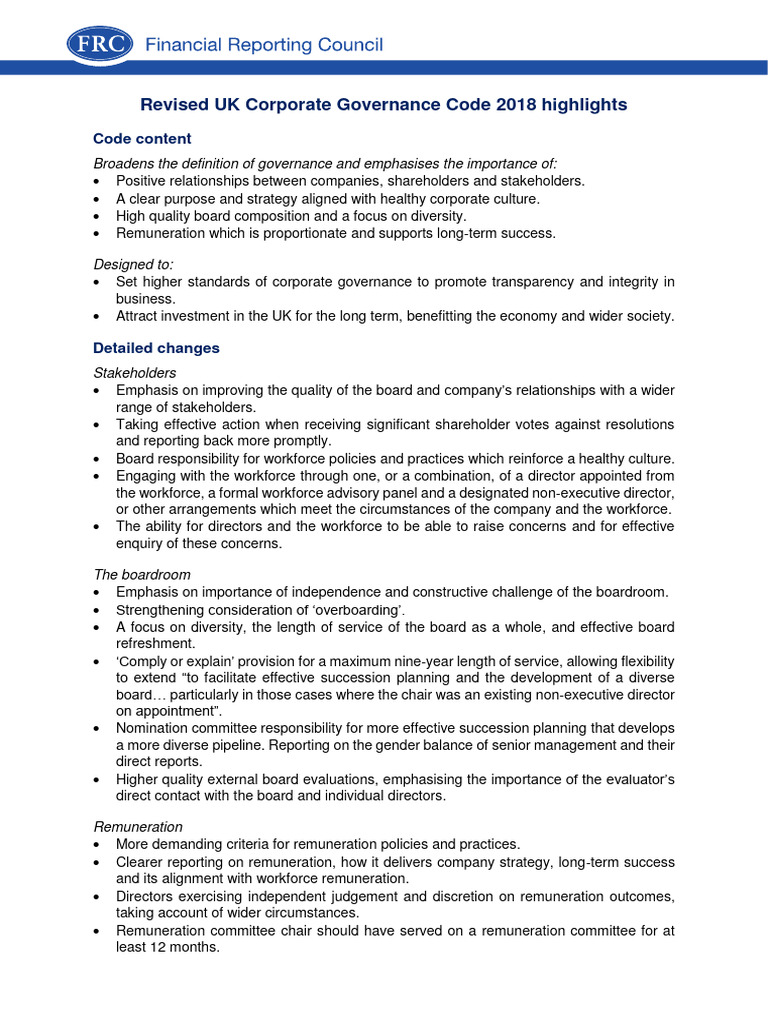 2018 UK Corporate Governance Code Highlights | PDF | Corporate ...