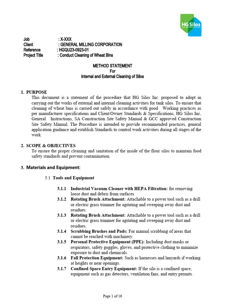 MS For Conduct Cleaning of Wheat Bins | PDF | Personal Protective ...