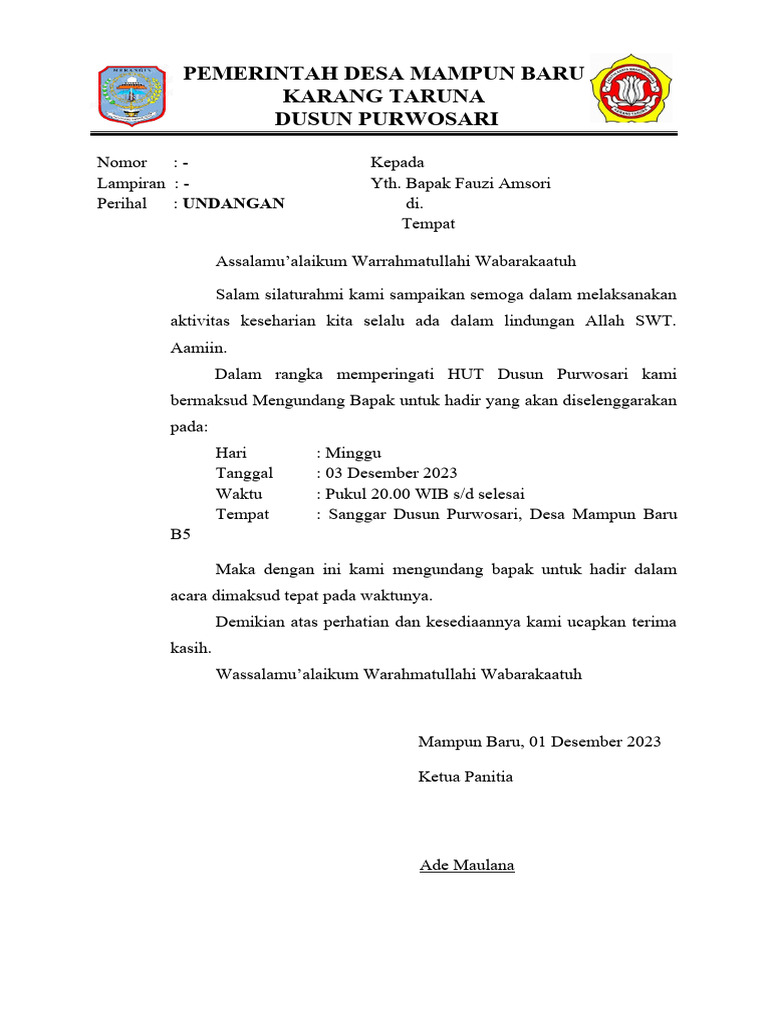 Undangan HUT Dusun Purwosari 2023 | PDF