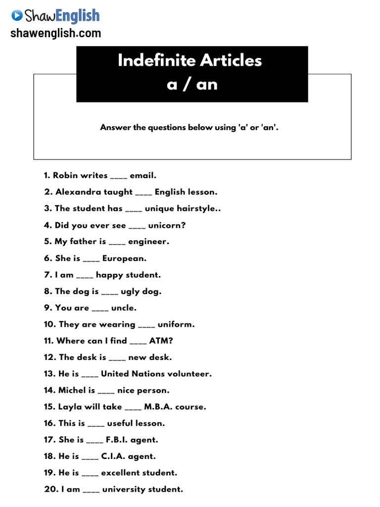 Indefinite Articles: A vs. An Quiz | PDF