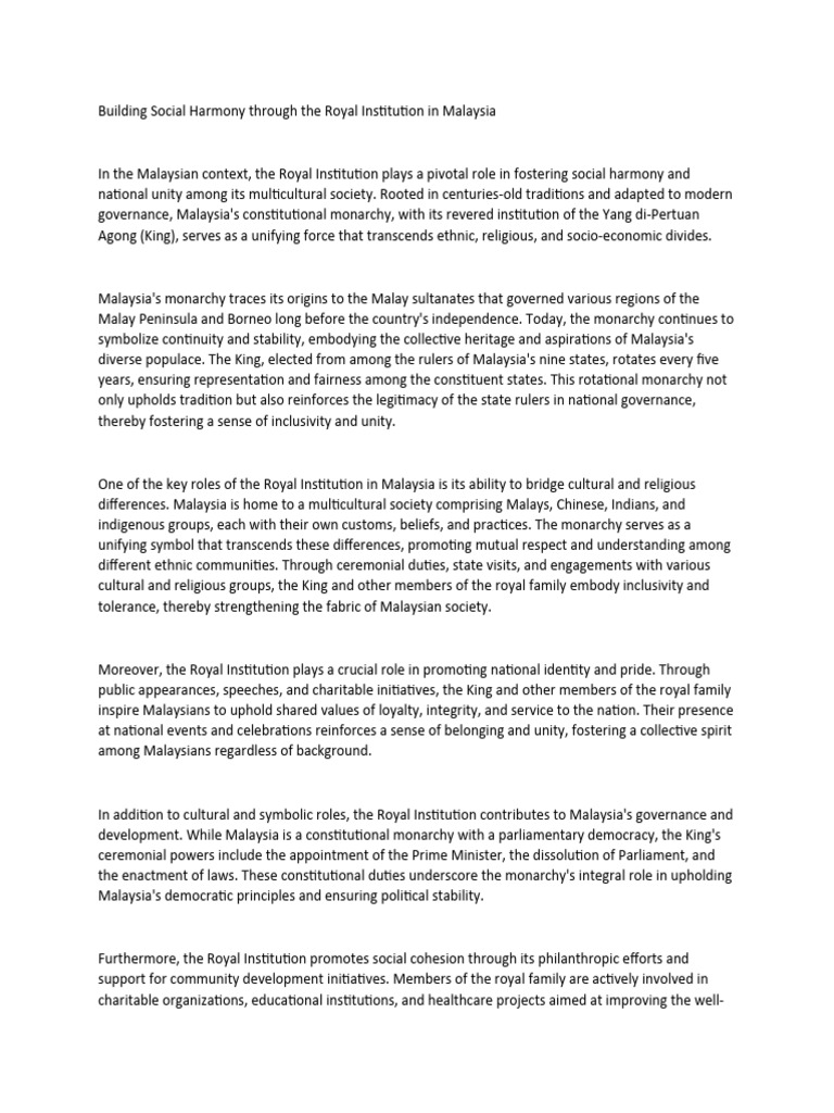 Royal Institution: Pillar of Malaysian Unity | PDF | Malaysia | Government
