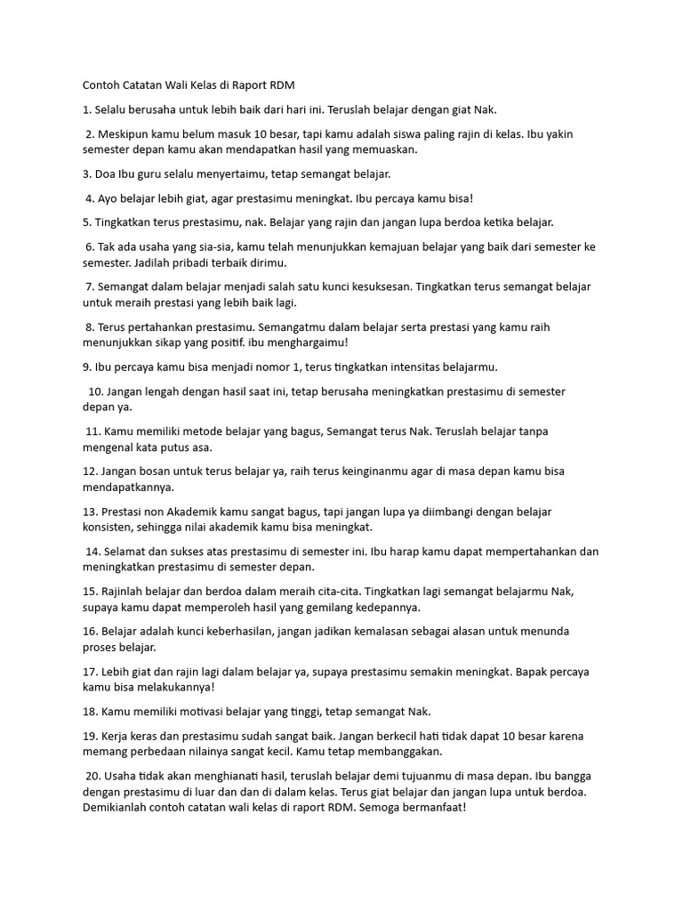 Contoh Catatan Wali Kelas Di Raport RDM | PDF | Pengembangan Diri ...
