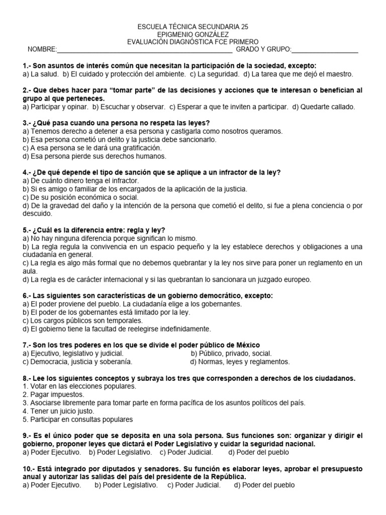 Examen Diagnóstico FCE Primero | PDF | Judicaturas | Ejecutivo (gobierno)