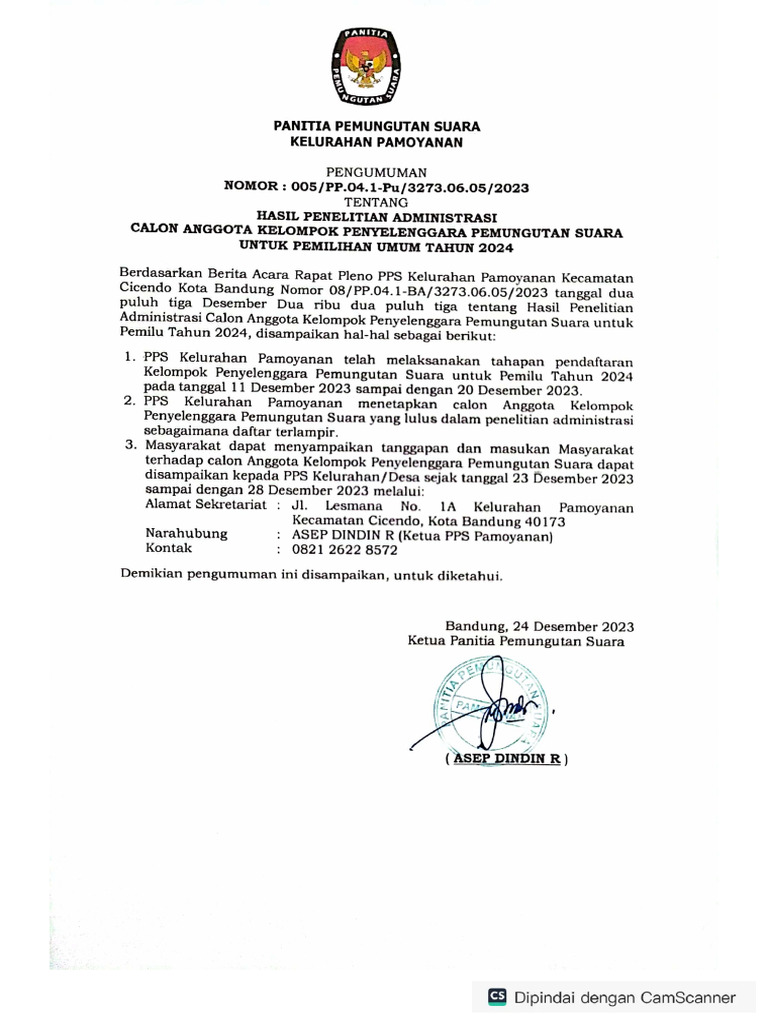 005-PU-PPS Pamoyanan-Pengumuman Seleksi Administrasi | PDF