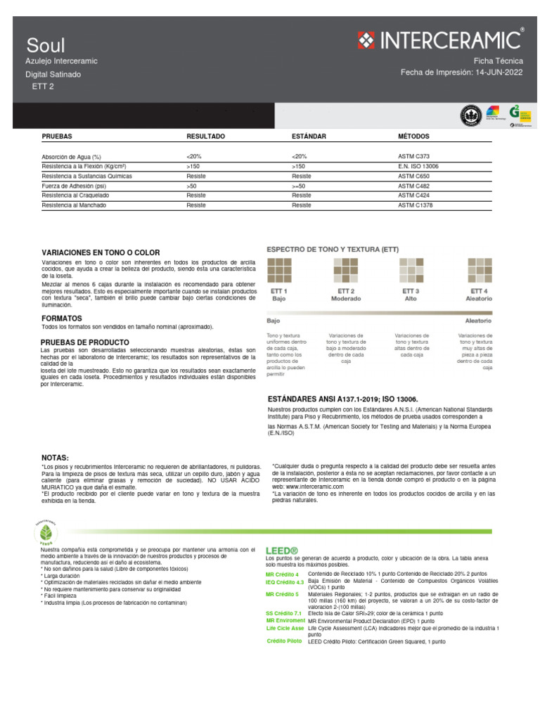 Ficha Tecnica Azulejos Soul Interceramic 2023 | PDF