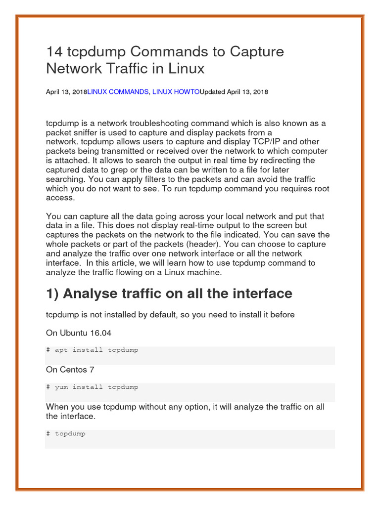 14 tcpdump Commands to Capture Network Traffic in Linux | PDF | Transmission Control Protocol ...