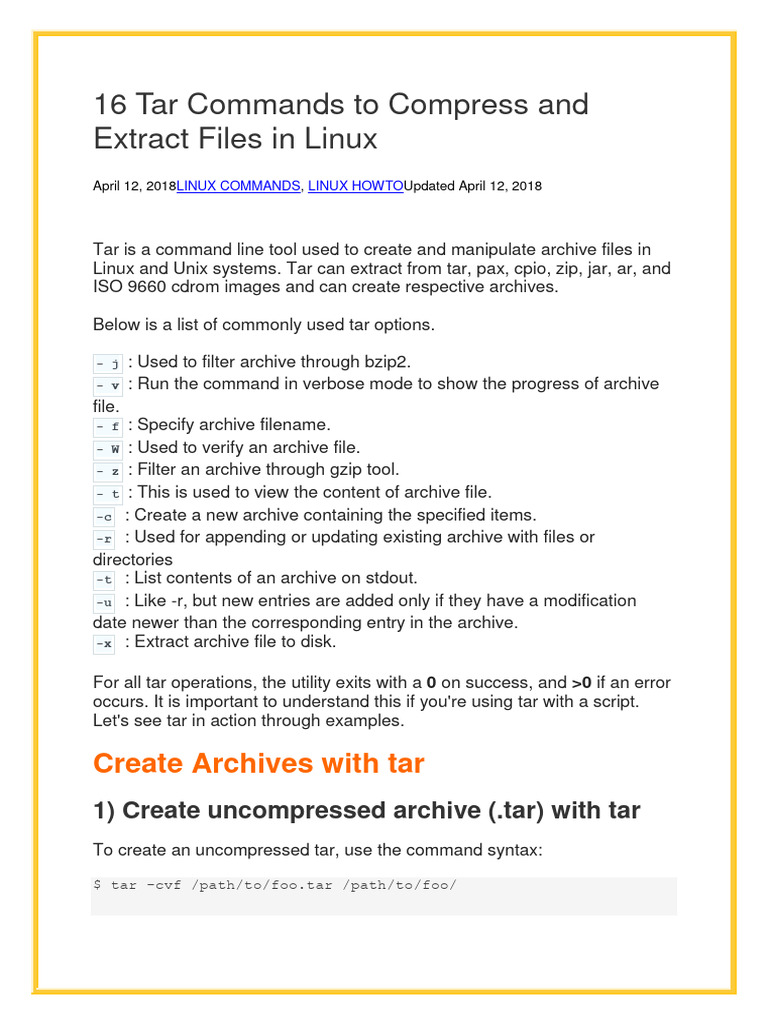 16 Tar Commands To Compress And Extract Files In Linux Pdf Computer