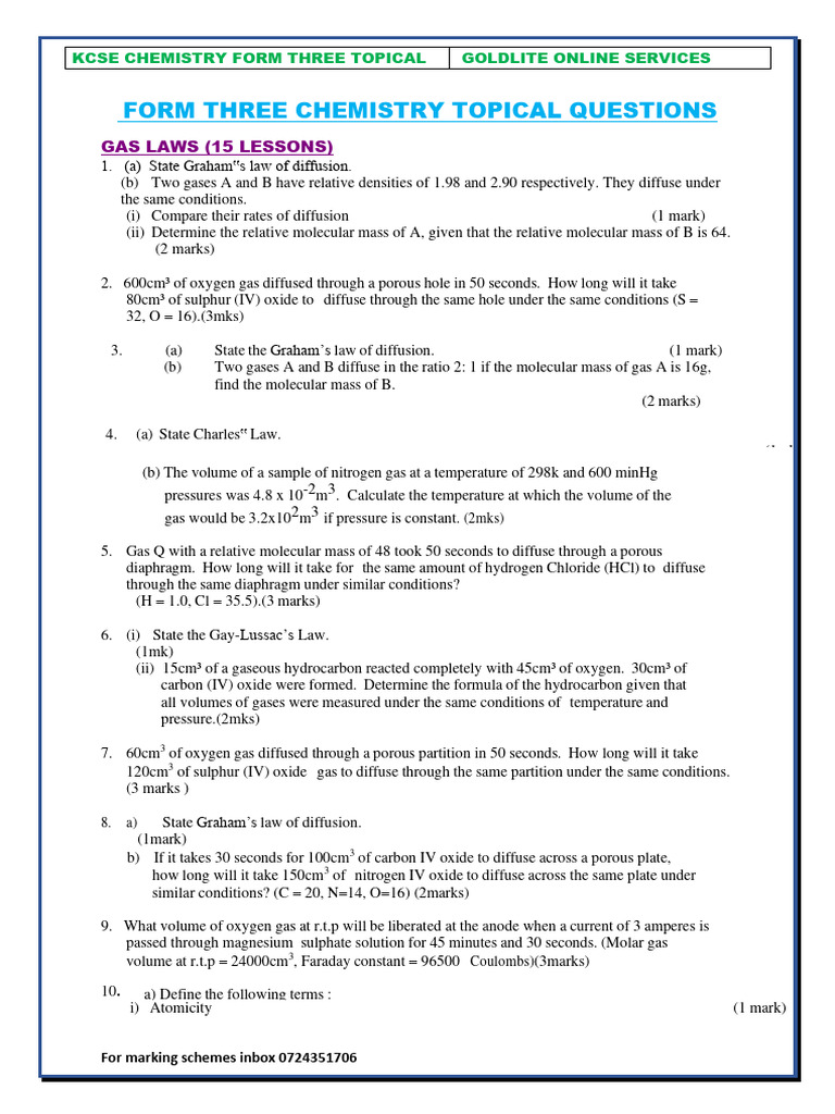 C.form Three Chemistry Topical Quiz | PDF | Chlorine | Ammonia