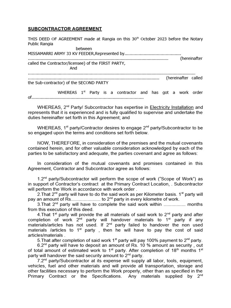 Subcontractor Agreement | PDF | Indemnity | Employment