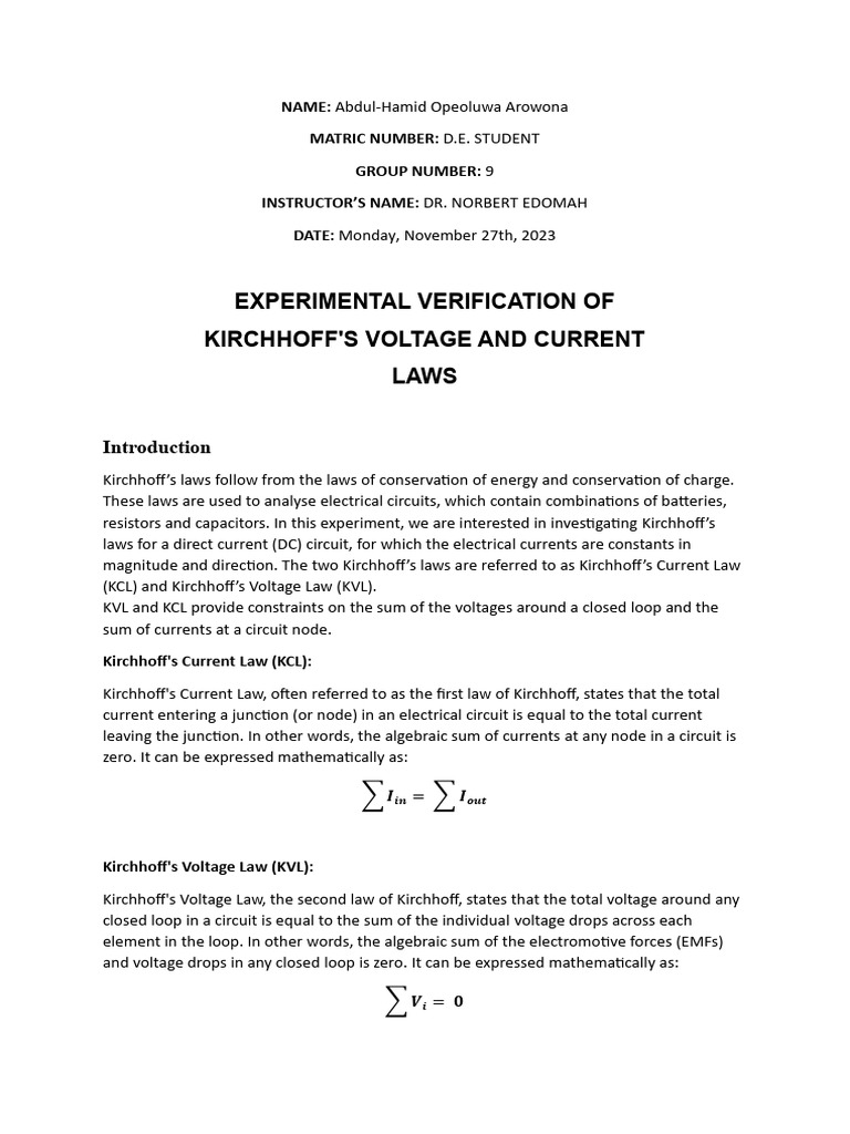 Experimental Verification of Kirchoff's Laws | PDF | Electrical Network ... Experimental Verification of Kirchoff's Laws | PDF | Electrical Network ...