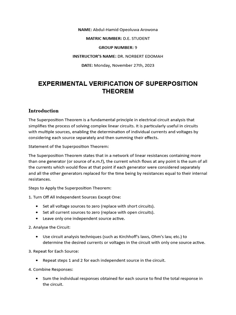 Experimental Verification of Superposition Theorem | PDF | Electrical ...
