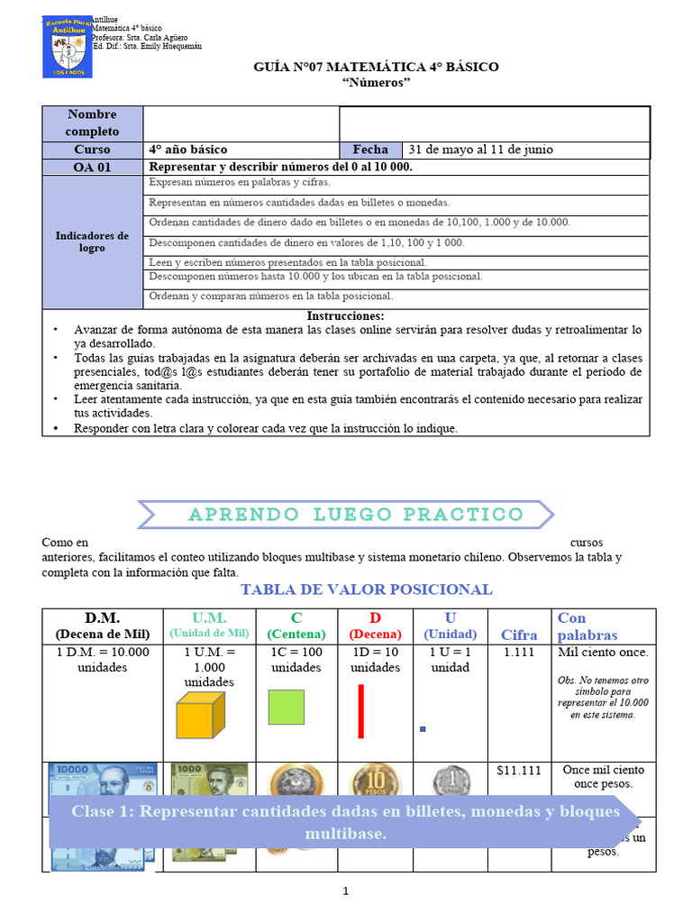 Guía N°07 Matemática 4to Básico 31 de Mayo Al 11 de Junio | PDF ...