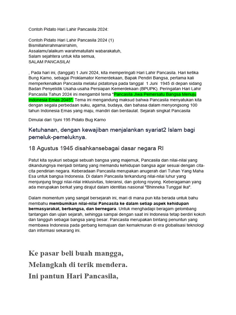 Contoh Pidato Hari Lahir Pancasila 2024 | PDF | Agama & Spiritualitas
