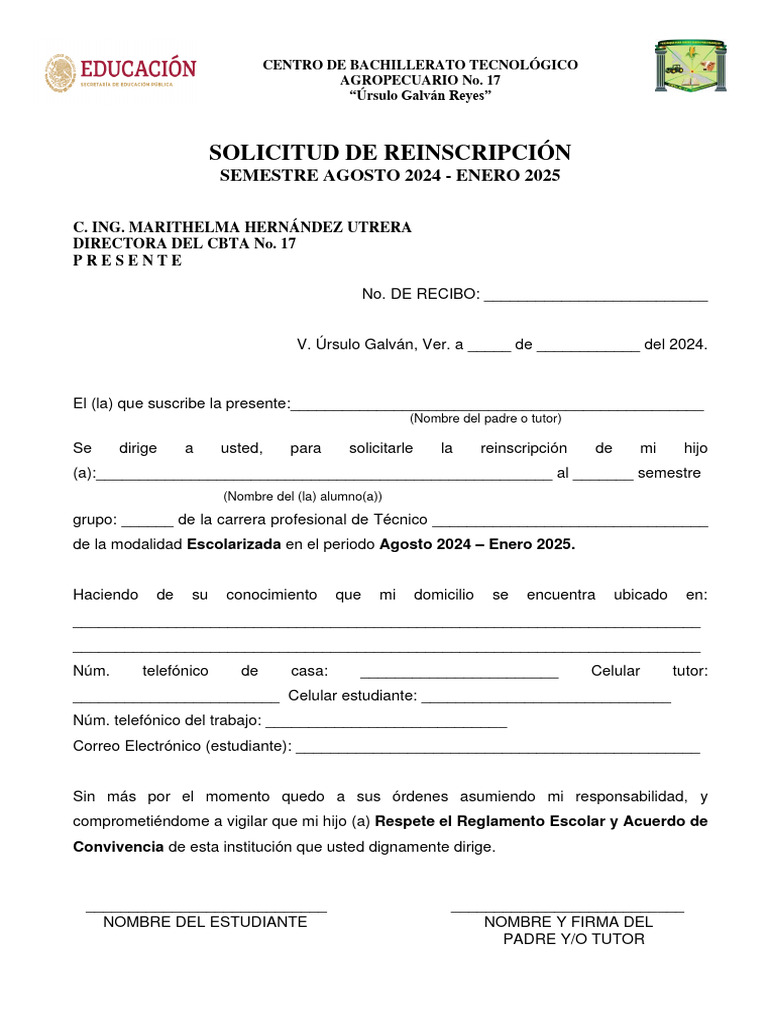 Escolarizado Solicitud de Reinscripción Agosto 2024 - Enero 2025 | PDF