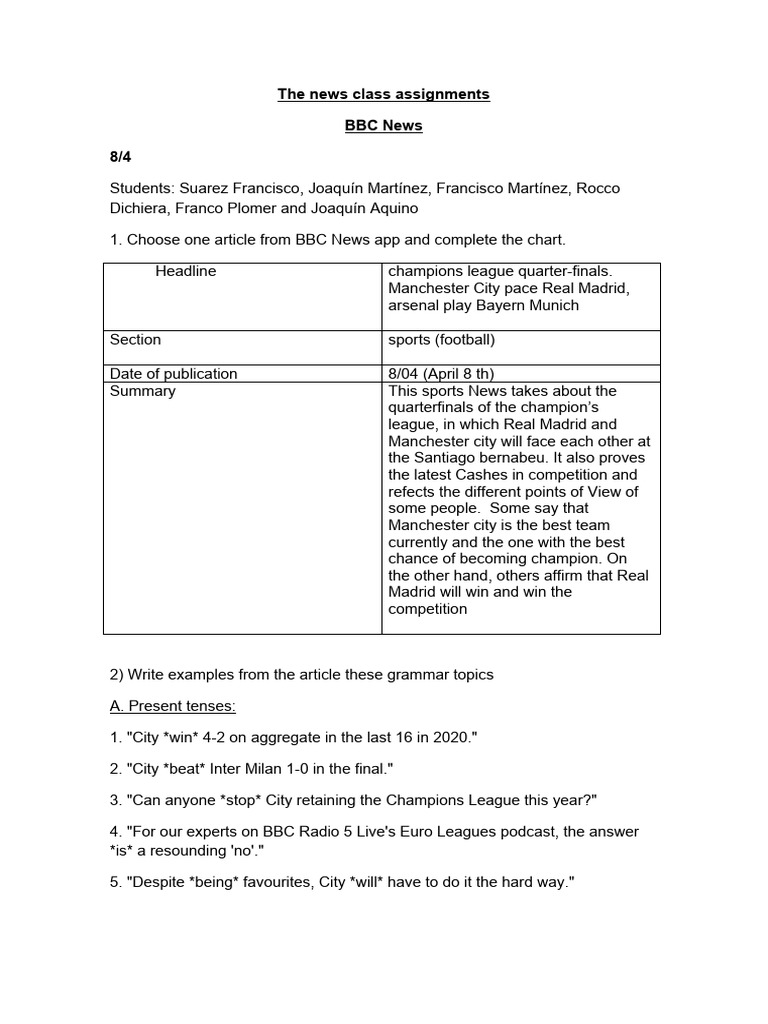 The News Class Assignments | PDF | Association Football Competitions ...