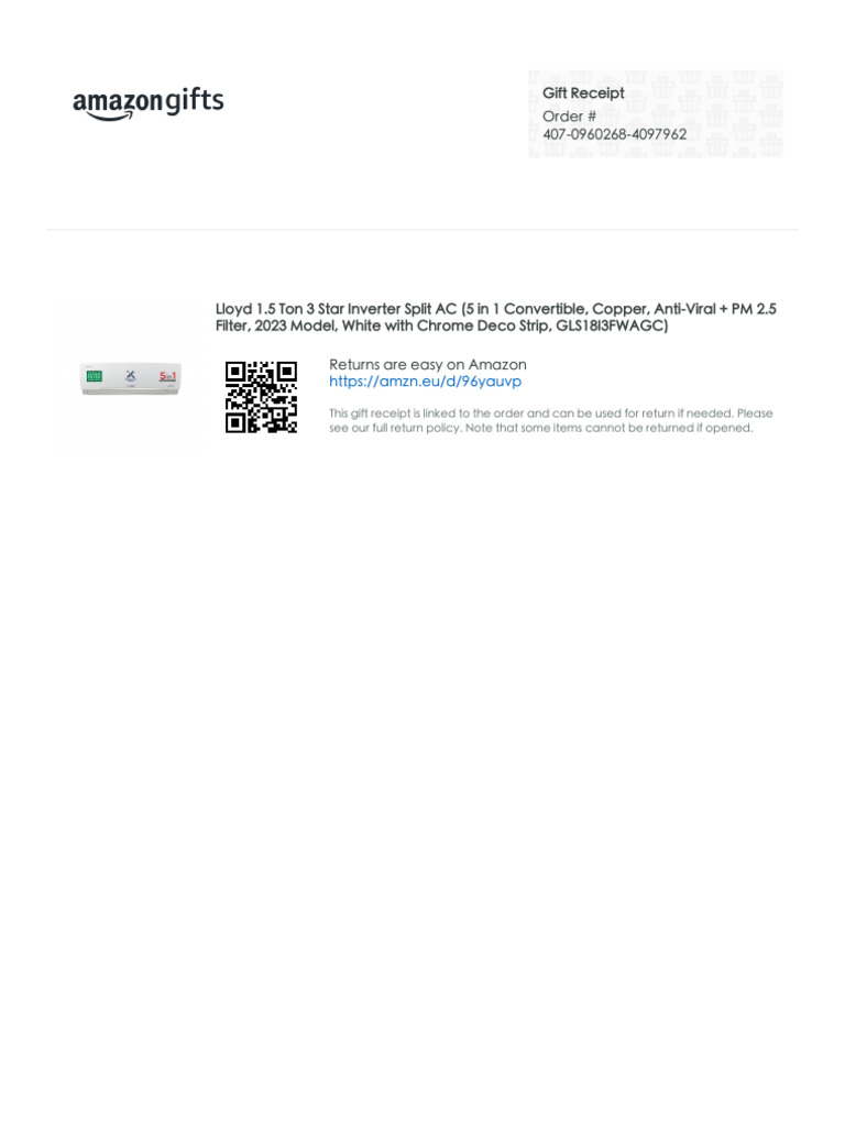 Amazon Gift Receipt for Lloyd AC | PDF