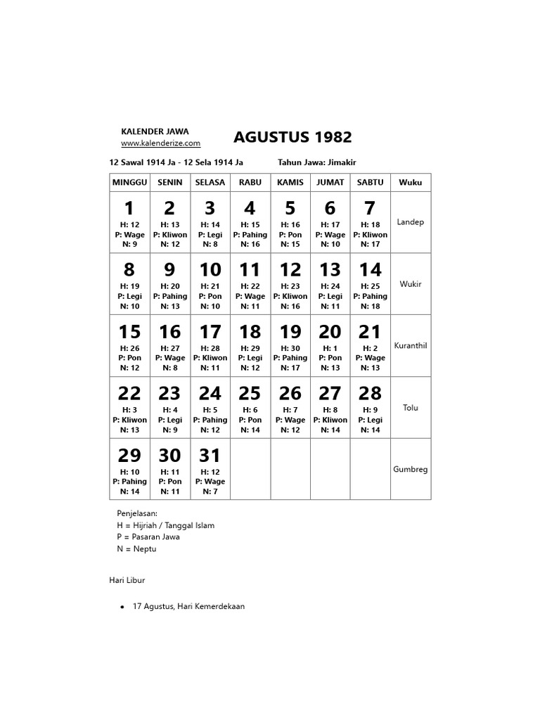 Kalender Jawa 1982 Agustus | PDF