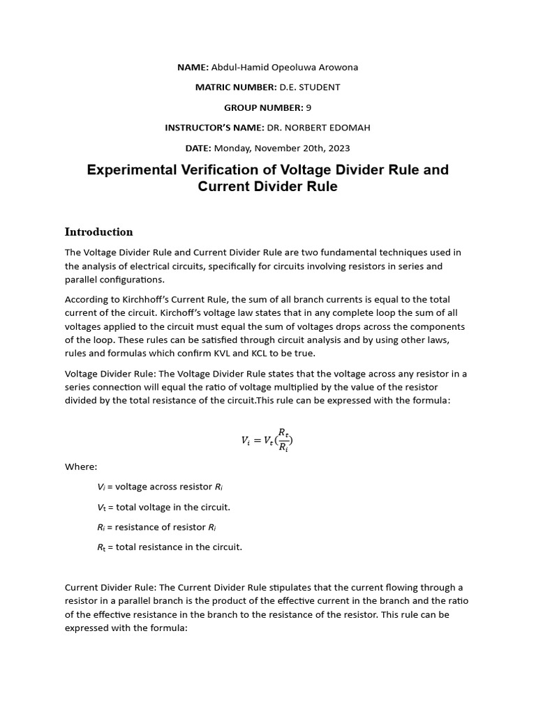 Voltage Divider Rule and Current Divider Rule | PDF | Resistor ...