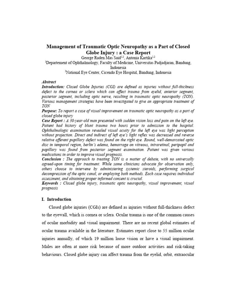Traumatic Optic Neuropathy Case Report | PDF | Glaucoma | Human Eye