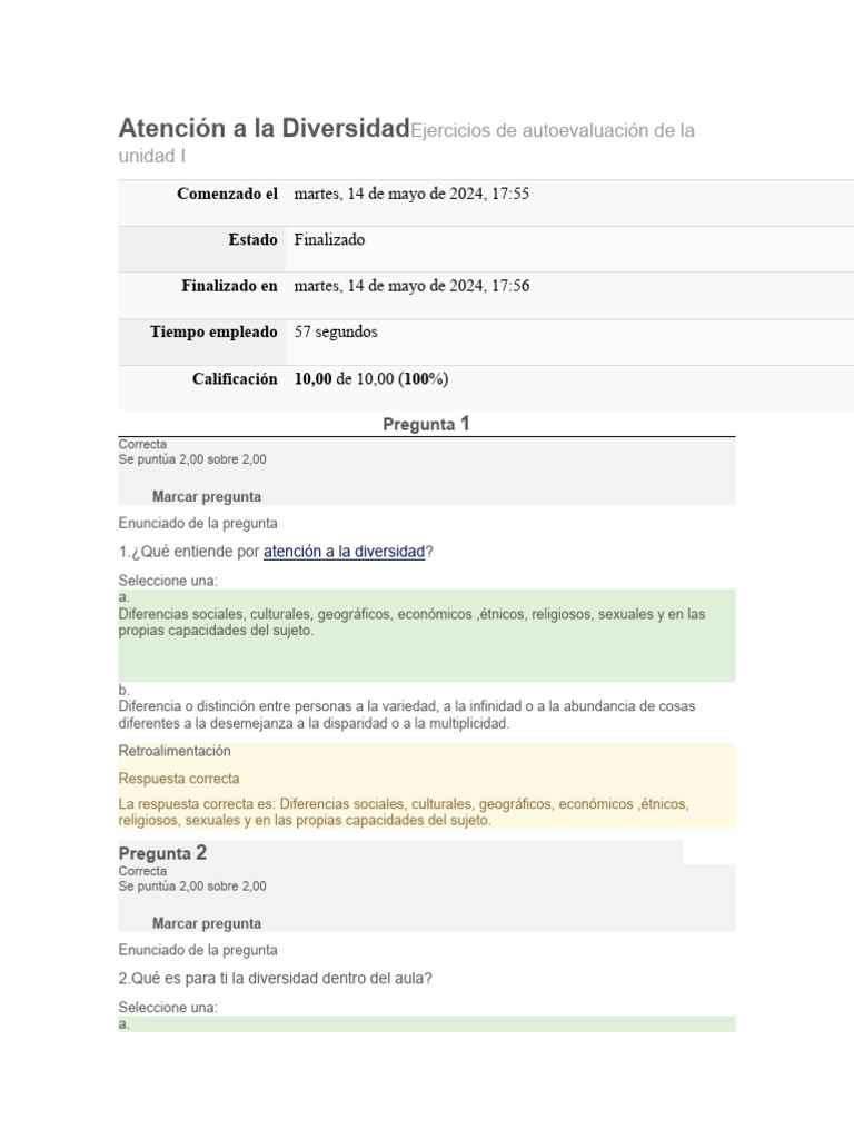 Ejercicios de autoevaluación de la unidad I, Atención a la Diversidad | PDF | Evaluación | Plan ...