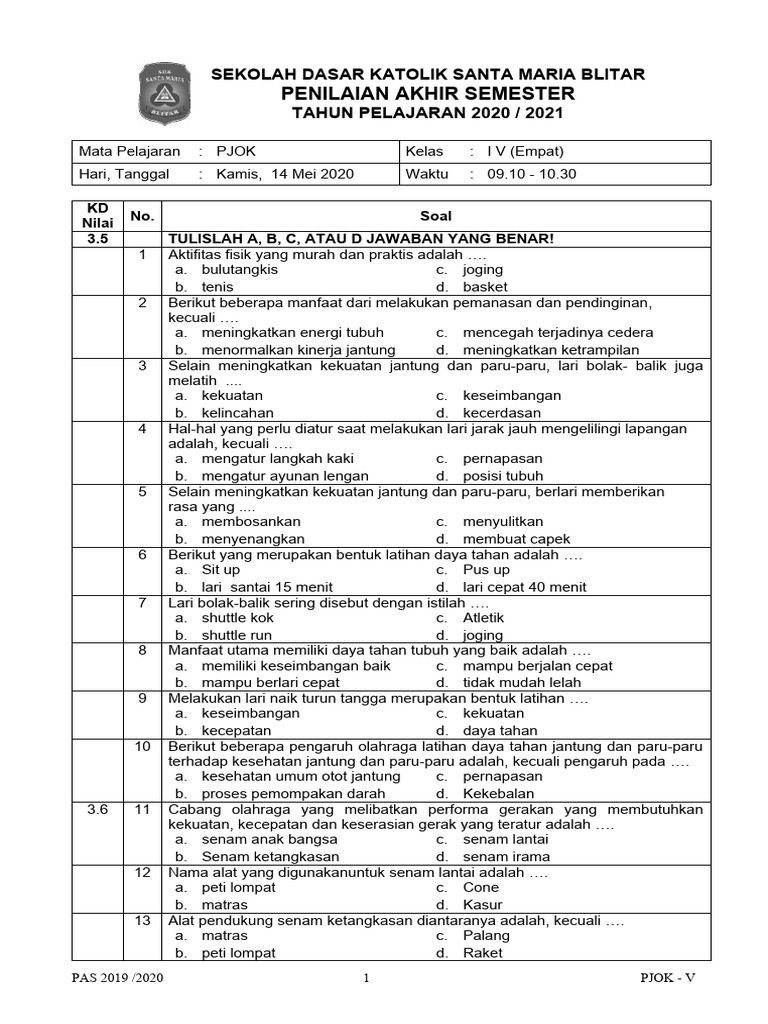 1920 SM1 PAS Kelas 4 PJOK (S) | PDF
