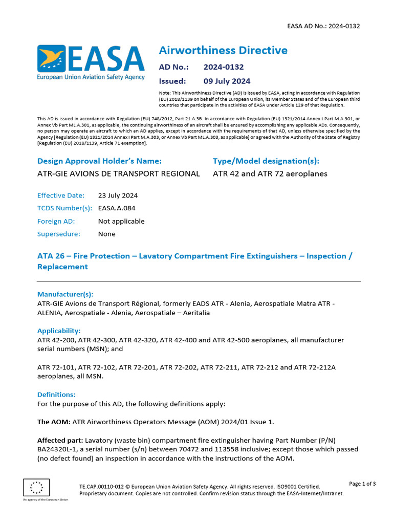 ATR Lavatory Fire Extinguisher AD 2024-0132 | PDF | Aviation