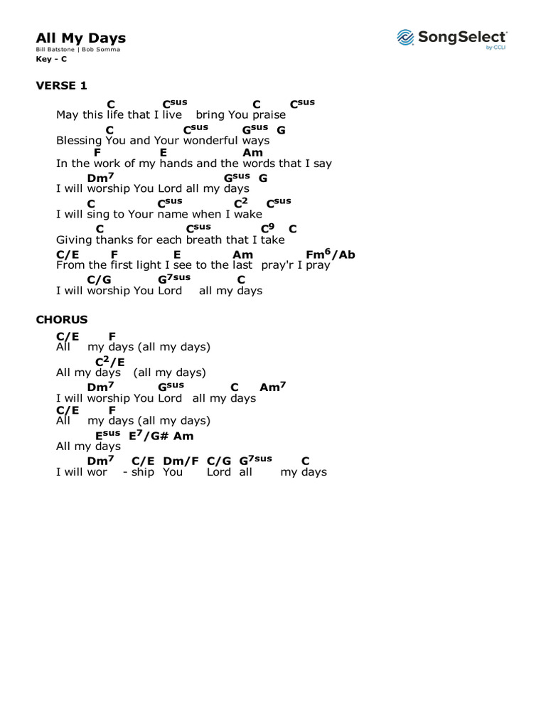 All My Days - (Bill Batstone & Bob Somma) - Key of C Chords | PDF