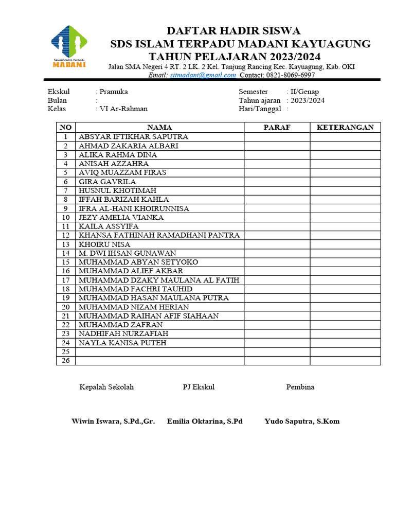 Daftar Hadir Ekskul Pramuka 2023/2024 | PDF