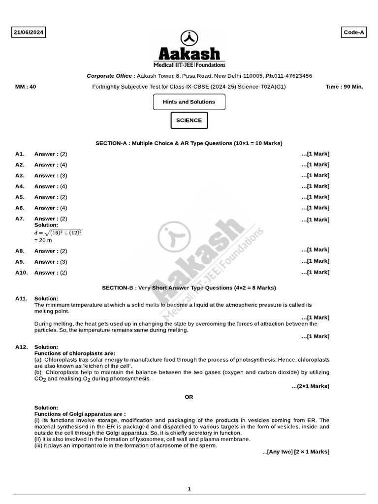 FST-2A (CBSE - G-1) Science (C-09) (21-06-2024) - SOL | PDF