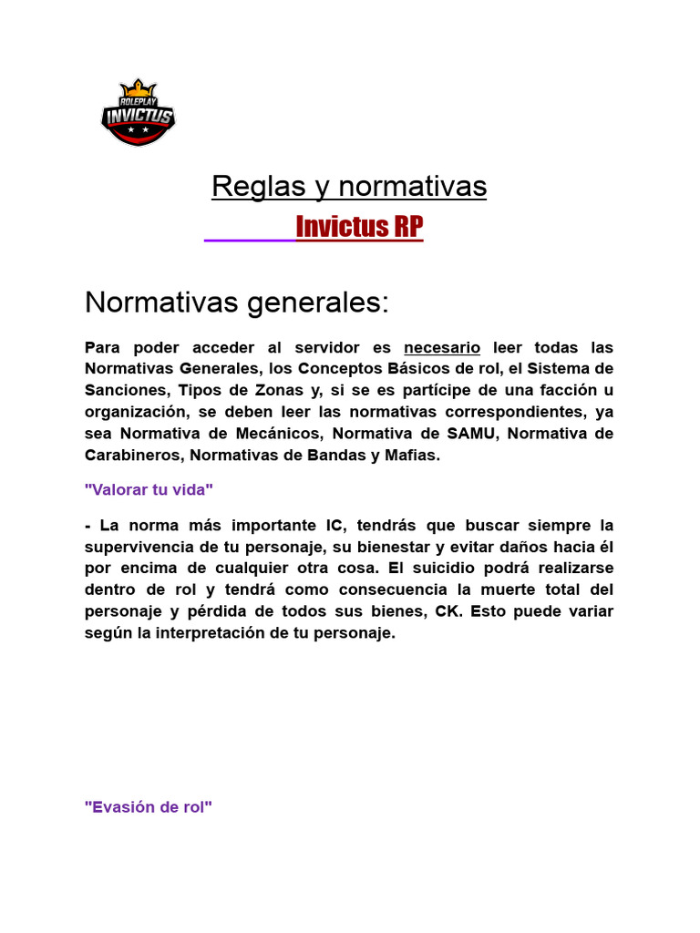 Reglas y normativas de Server Roleplay FIVEM GTA 5 LIBRE USO | Descargar gratis PDF | Policía ...