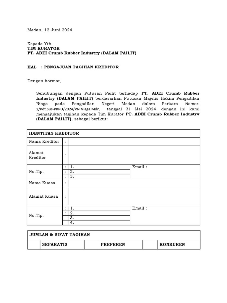 Formulir Pengajuan Tagihan Pailit PT.adei | PDF