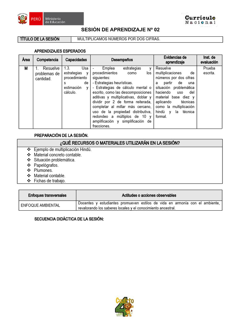 SESION DE APRENDIZAJE N°02 - M | Descargar gratis PDF | Aprendizaje | Multiplicación
