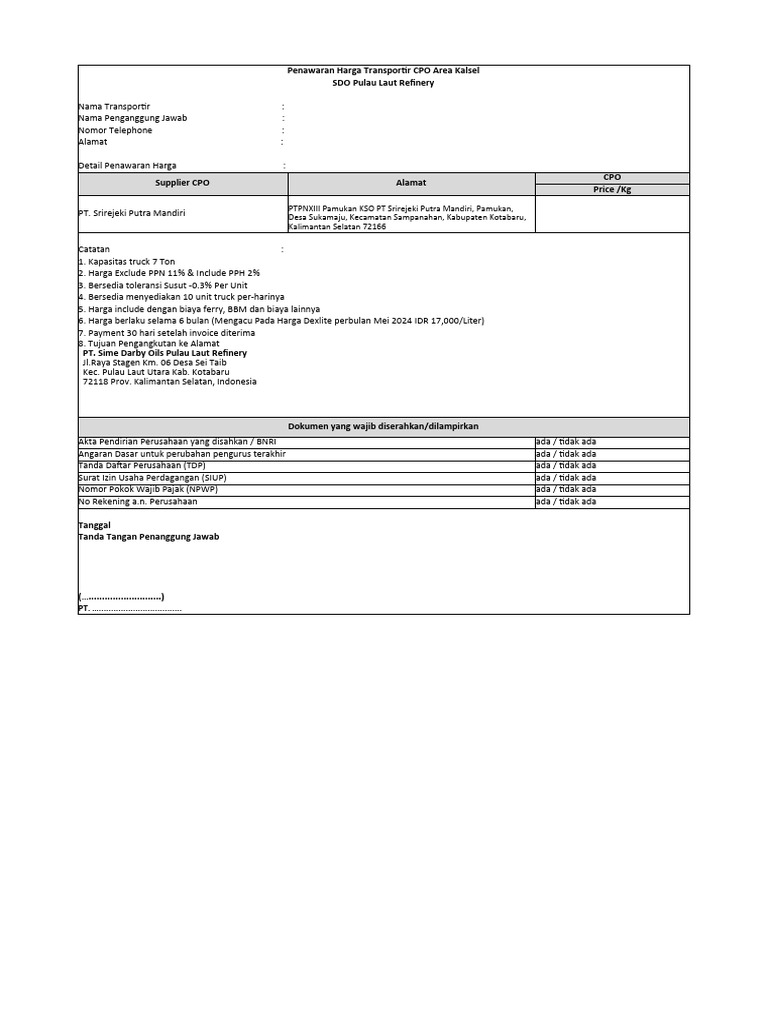 Format Penawaran Harga CPO Kalsel | PDF