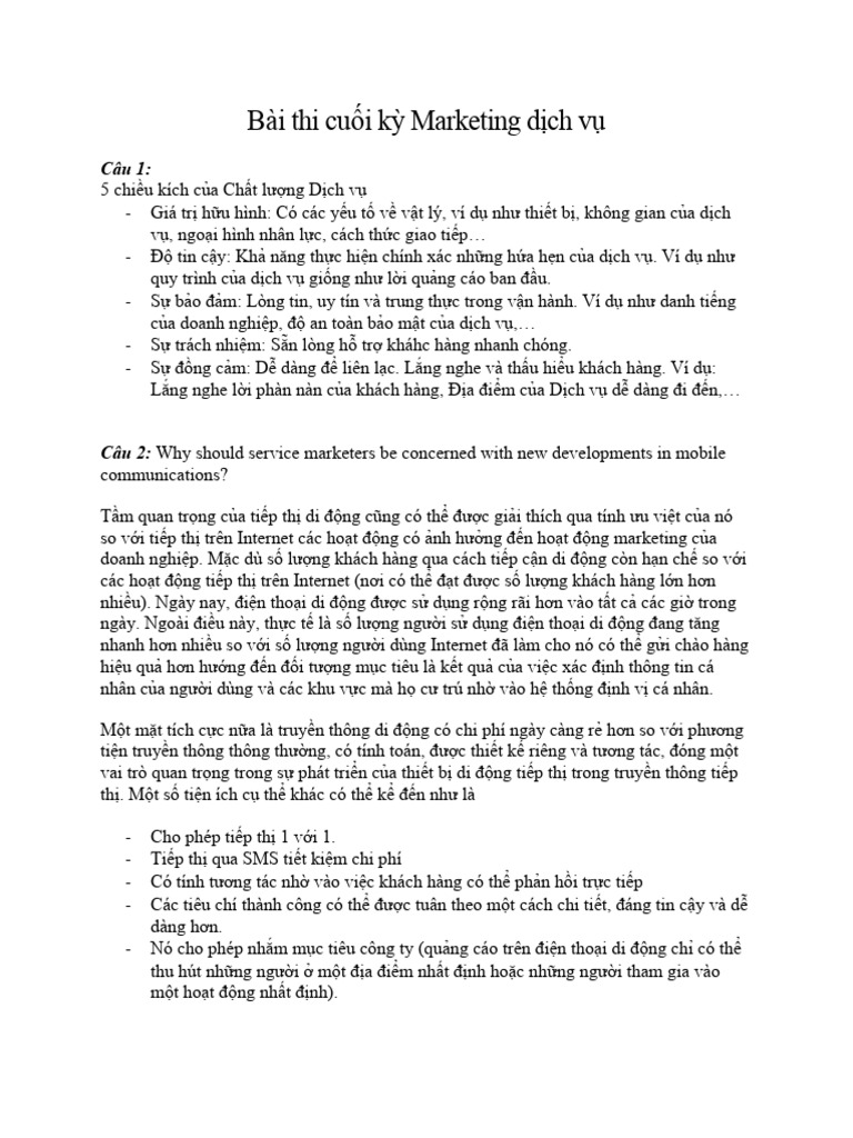 BÀI THI CUỐI KỲ MARKETING DỊCH VỤ UEH | PDF