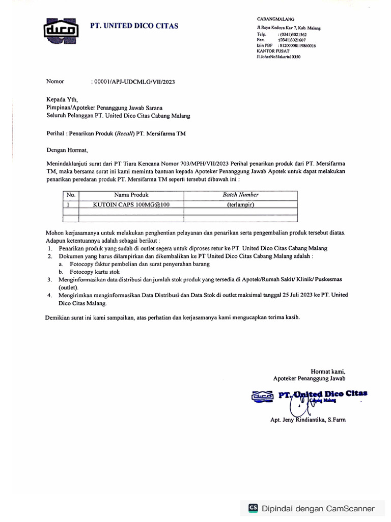 Surat Perintah Recall Kutoin Caps 100mg - UDC Malang | PDF