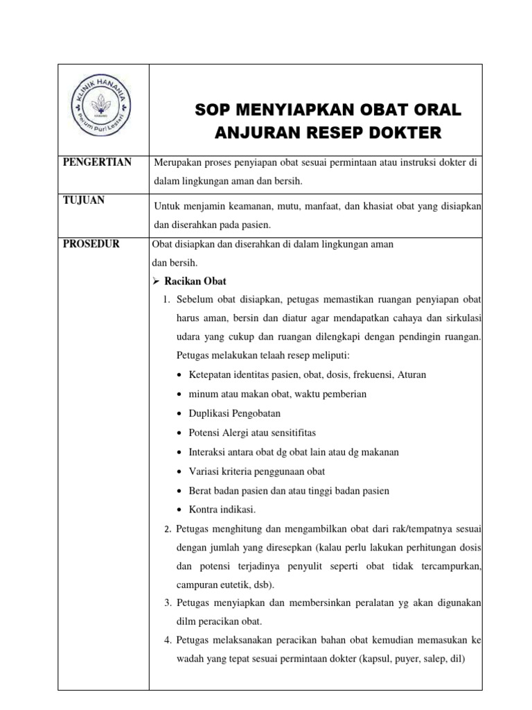 SOP Penyiapan Obat Oral yang Aman | PDF