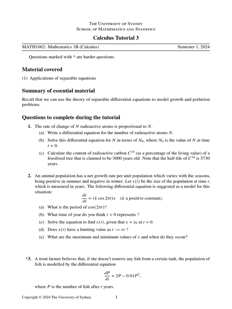 Multivariable Calculus Tutorial 3 | PDF | Radioactive Decay | Equations Multivariable Calculus Tutorial 3 | PDF | Radioactive Decay | Equations