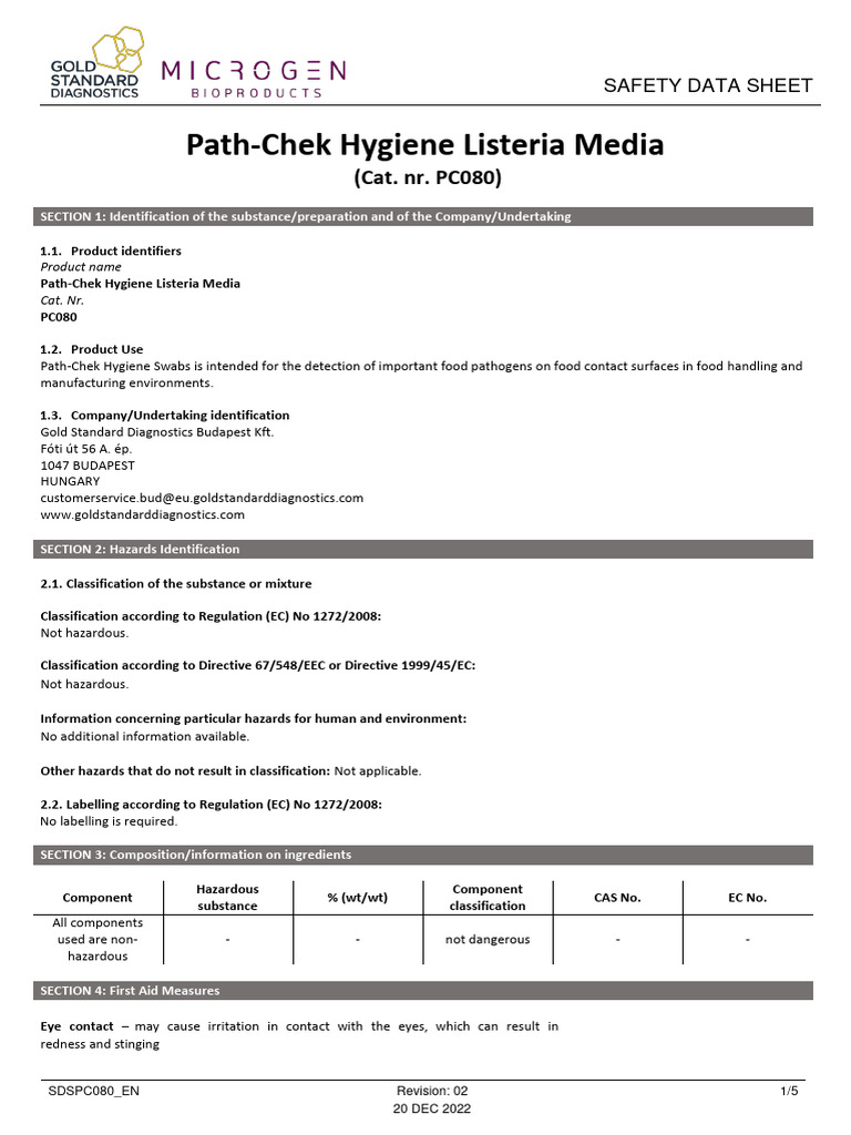 Path-Chek Hygiene Listeria Media SDS | PDF | Safety | Occupational ...
