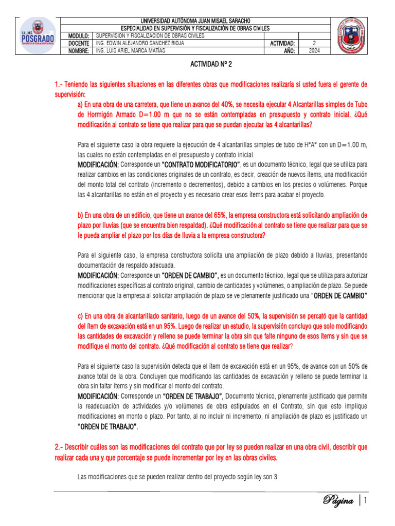 Actividad N°2 - Luis Ariel Marca Matias Supervision y Fiscalizacion de Obras Civiles | PDF ...
