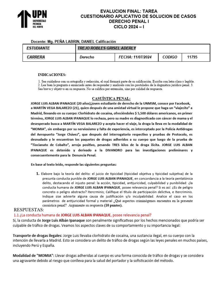 EVALUACION FINAL PENAL - Trejo Robles Grisel A Derly | PDF | Derecho