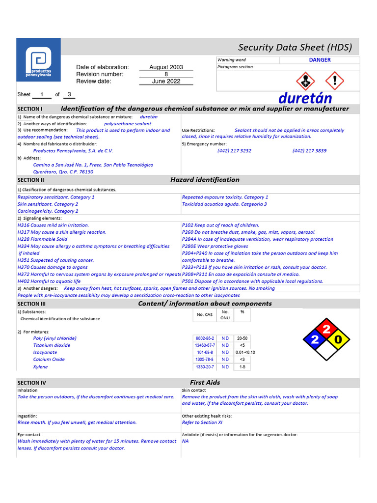 Duretan Polyurethane Safety Data Sheet | PDF | Oxide | Combustion