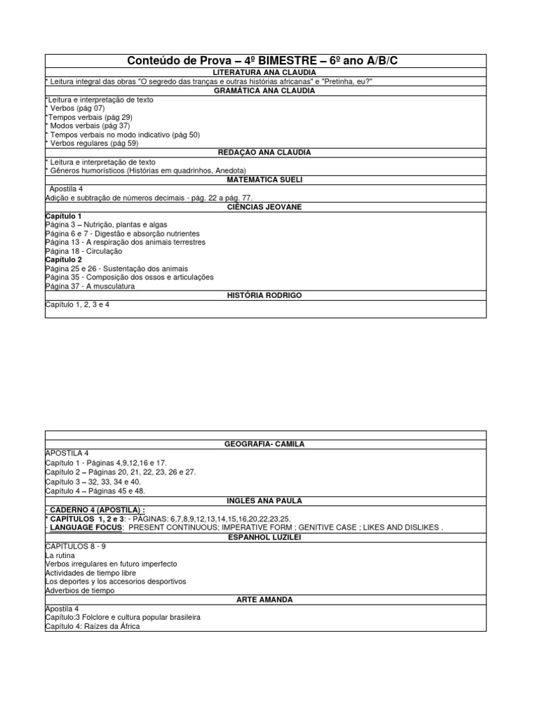 Conteúdo de Prova 6 ANO 4º Bimestre | PDF