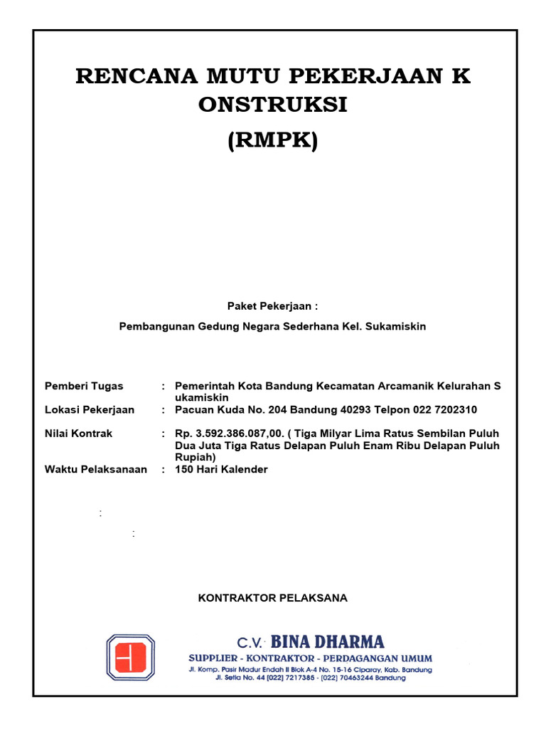 Rencana Mutu Pekerjaan Konstruksi (RMPK) Rapij | PDF