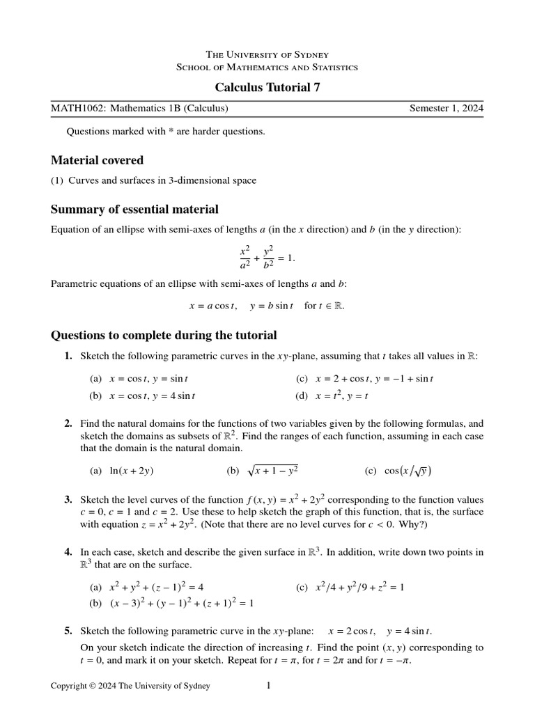 Calculus Tutorial 7 | PDF | Function (Mathematics) | Curve
