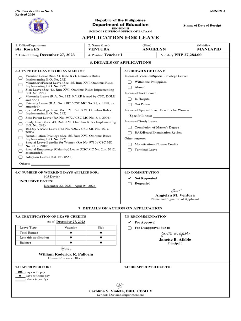 Deped Bataan Leave Application 43369 | PDF