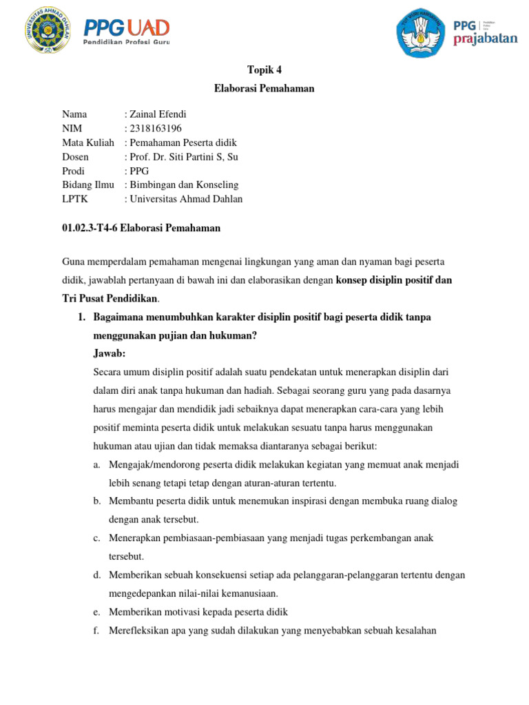 01.02.3-T4-6 Elaborasi Pemahaman - Zainal Efendi - 2318163196 - PPGBK - G2 | PDF